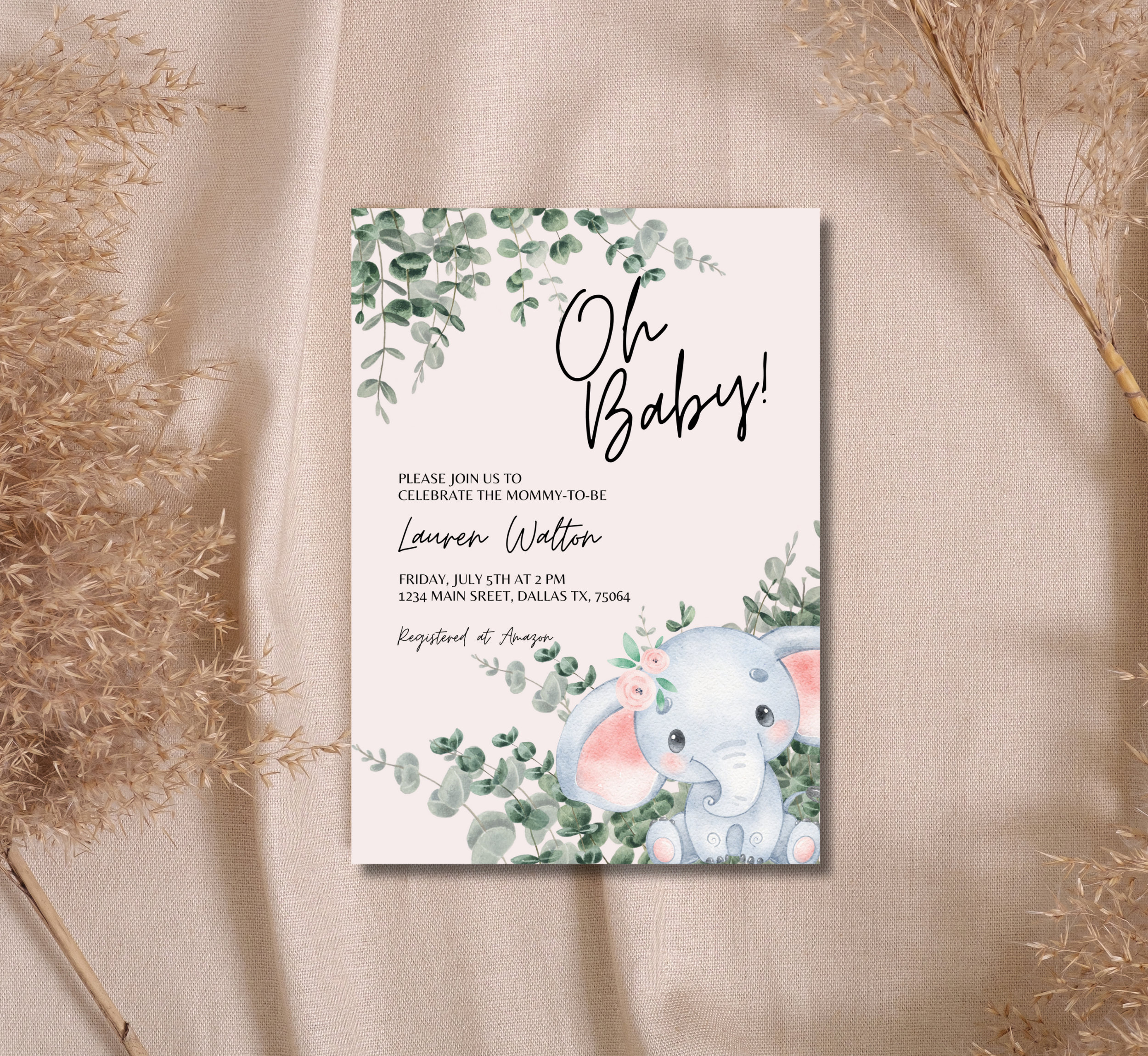 ELEPHANT BABY SHOWER Invitation Template, Sweet Baby Girl Invite ...