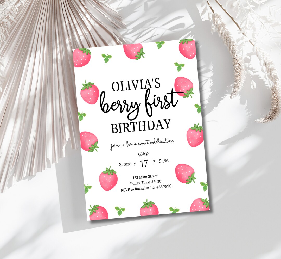 Editable Berry First Birthday Invitation Template, Strawberry 1st ...