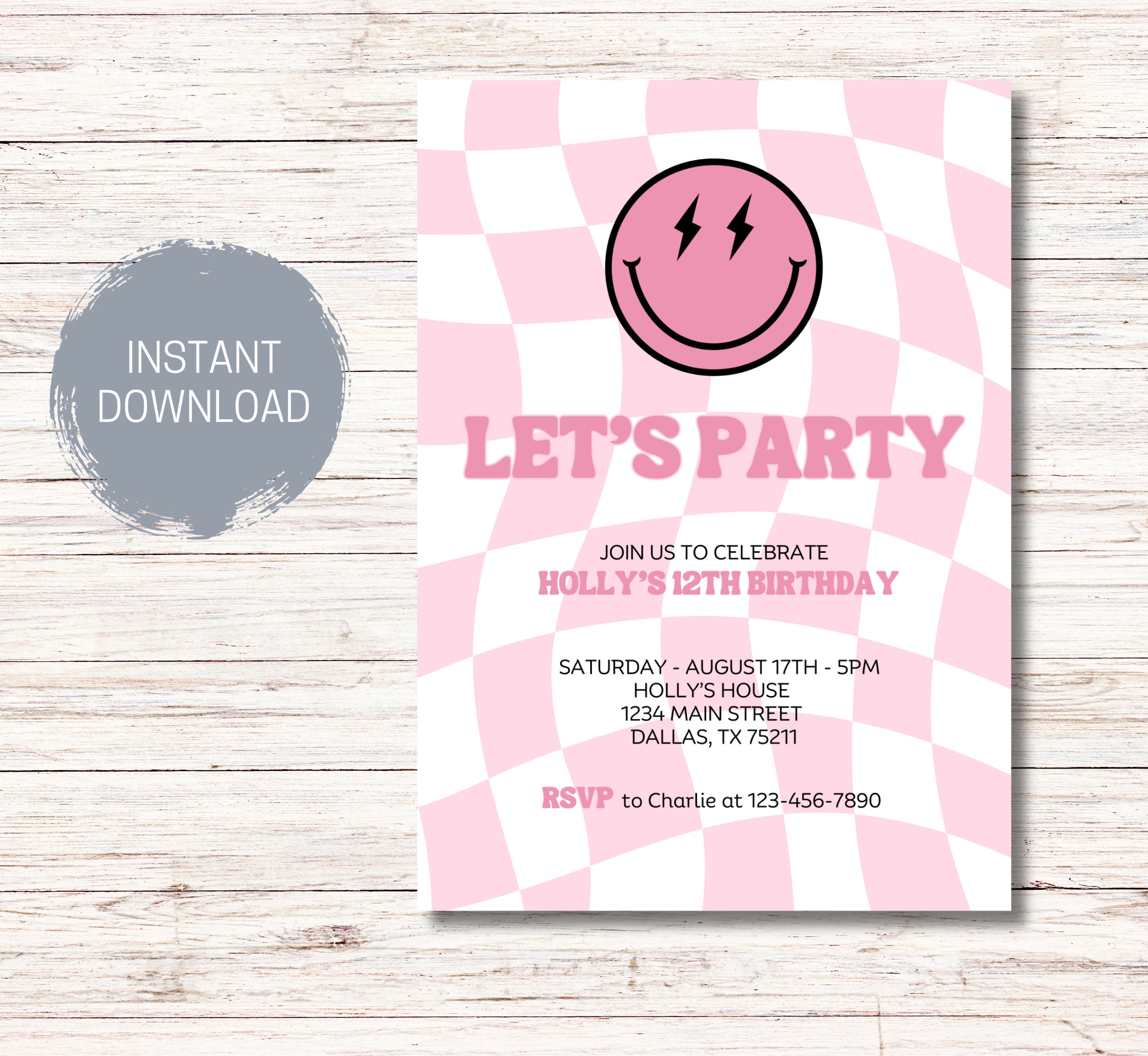 Smiley Face Birthday Invitation Template, Retro Hot Pink Smile Face ...