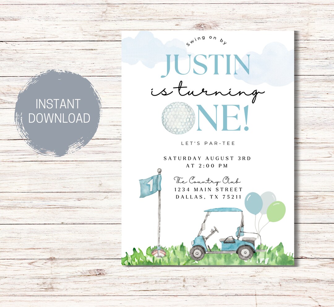 Golf 1st Birthday Party Invitation Template, Hole in One Boy Golf First ...