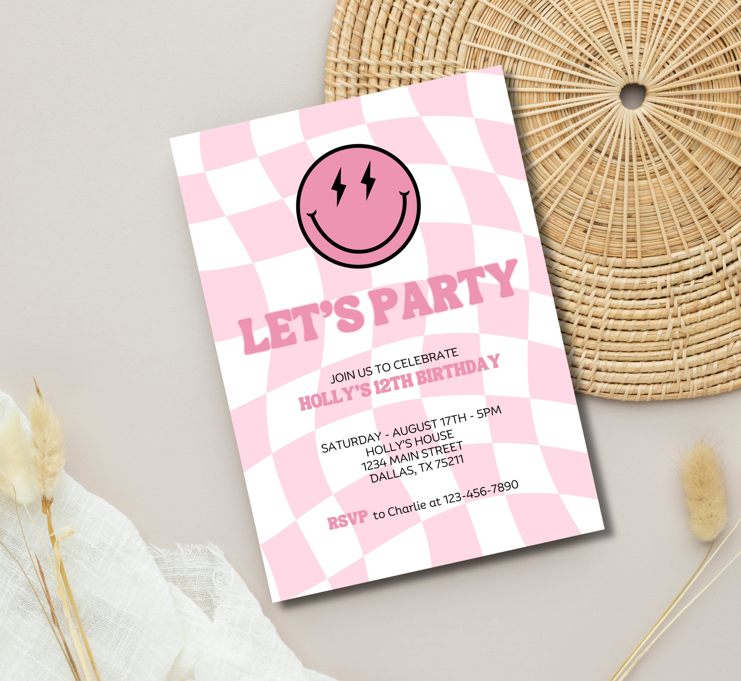 Smiley Face Birthday Invitation Template, Retro Hot Pink Smile Face ...