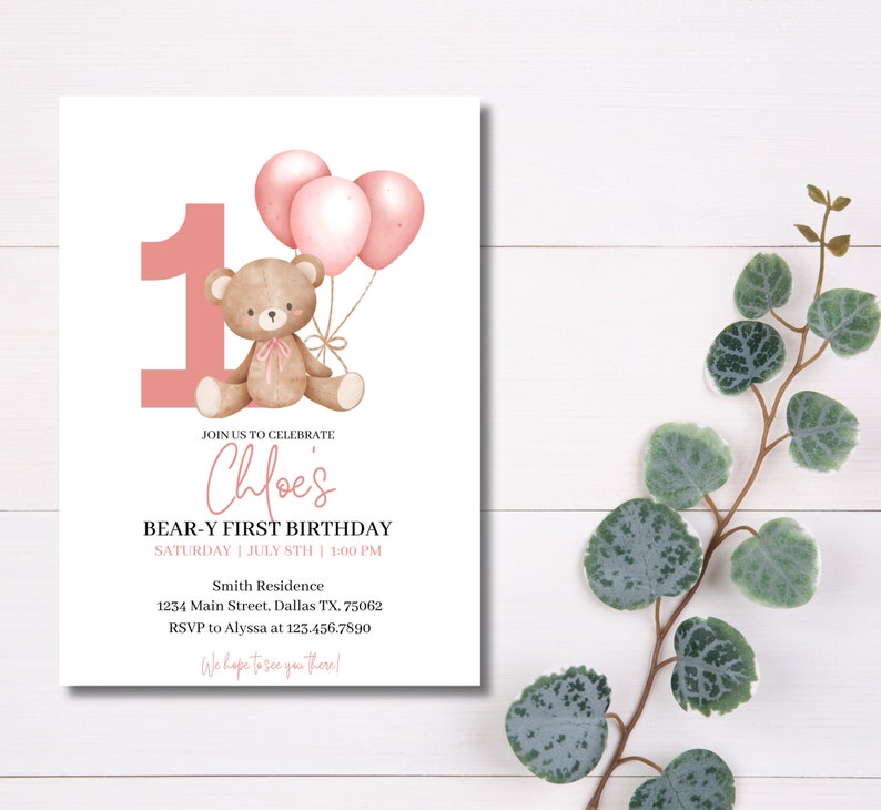 BEAR BIRTHDAY Invitation, Beary 1st Birthday Invite,bear Balloons ...