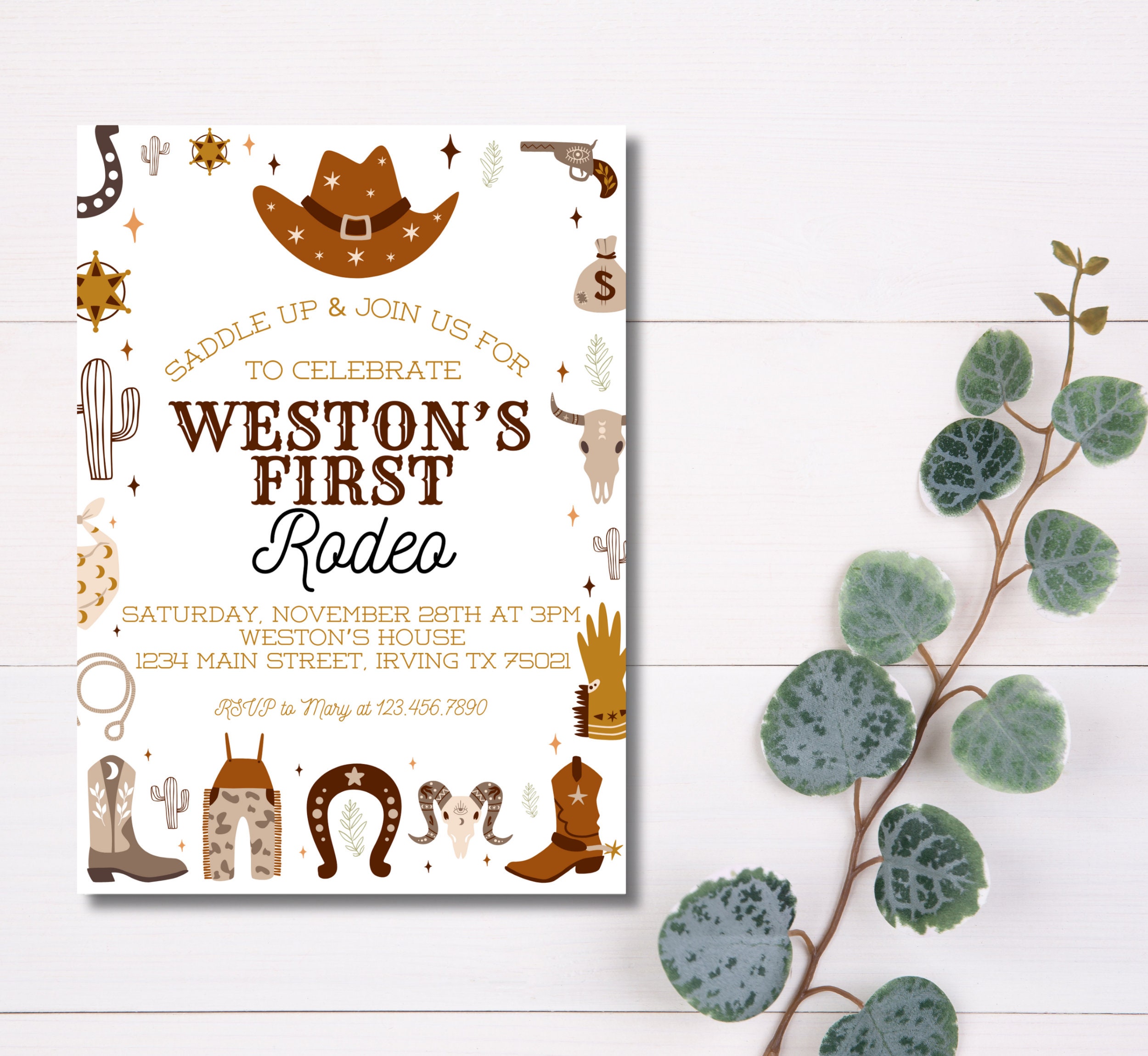 Editable My First Rodeo Invitation Cowboy Birthday Invite Wild West ...