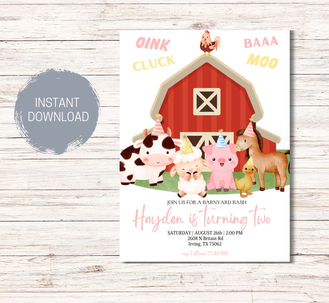 FARM BIRTHDAY Invitation Template Barn Farm Animals Birthday Party ...