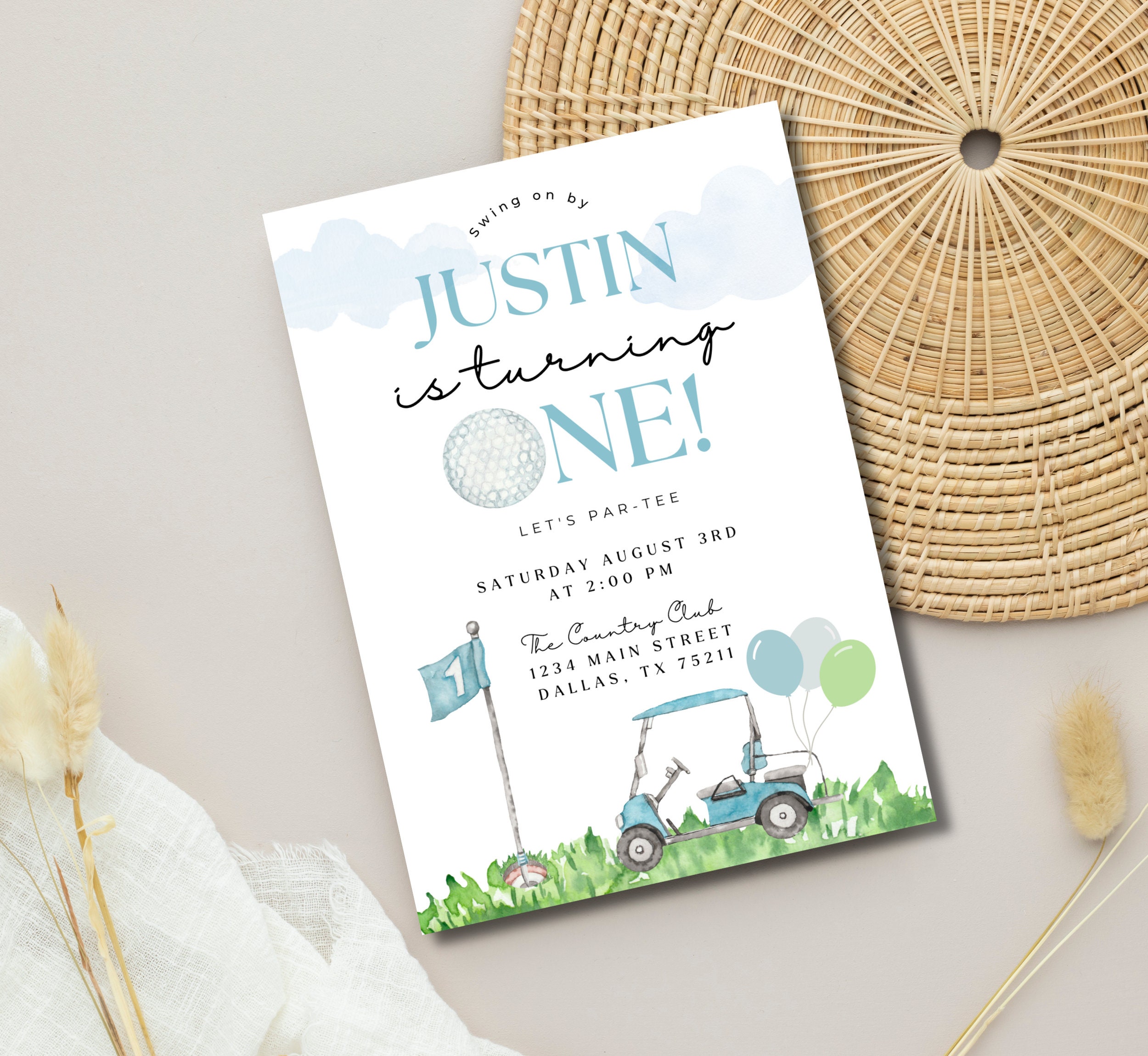 Golf 1st Birthday Party Invitation Template, Hole in One Boy Golf First ...