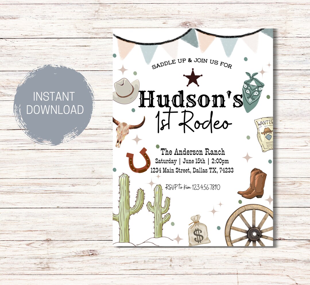 MY FIRST RODEO Birthday Invitation Template, Editable Cowboy Birthday ...