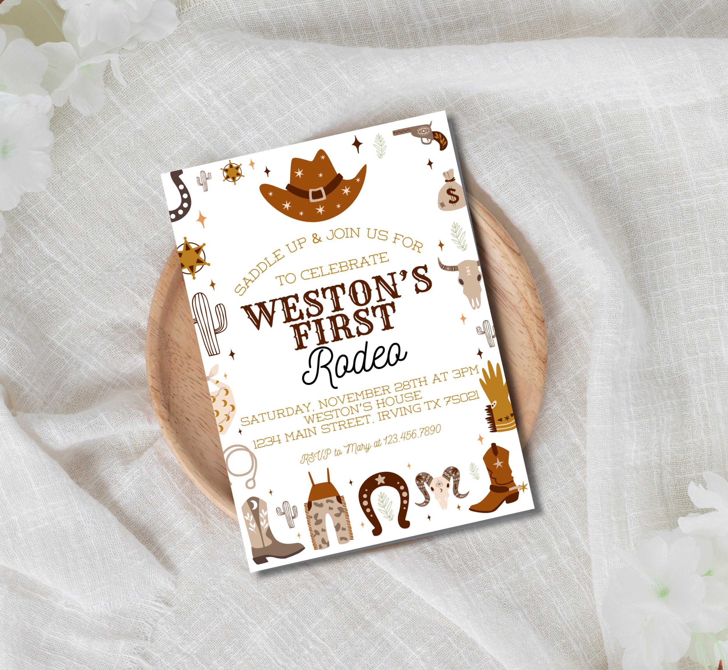 Editable My First Rodeo Invitation Cowboy Birthday Invite Wild West ...
