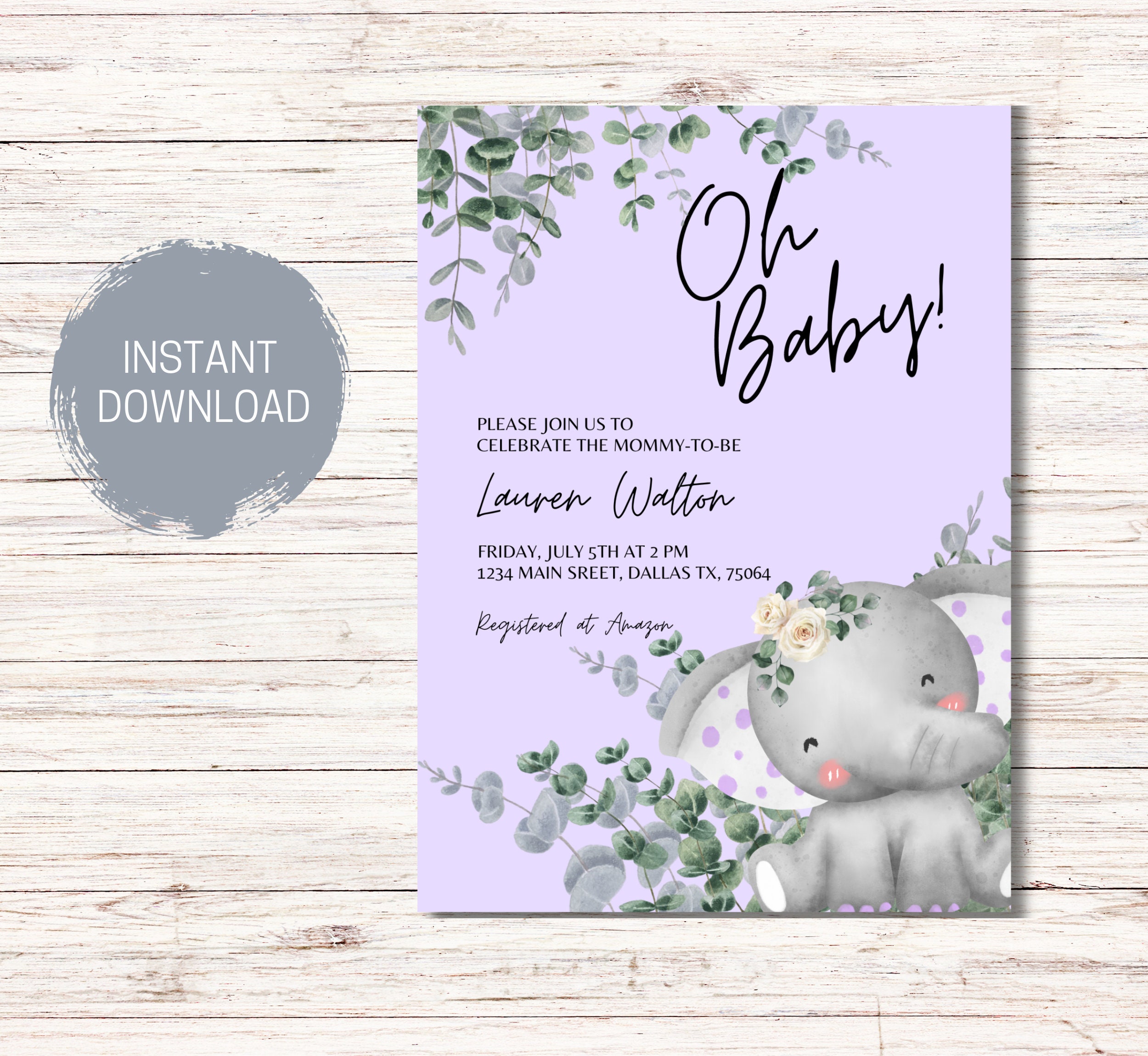 ELEPHANT BABY SHOWER Invitation Template, Sweet Baby Girl Invite ...