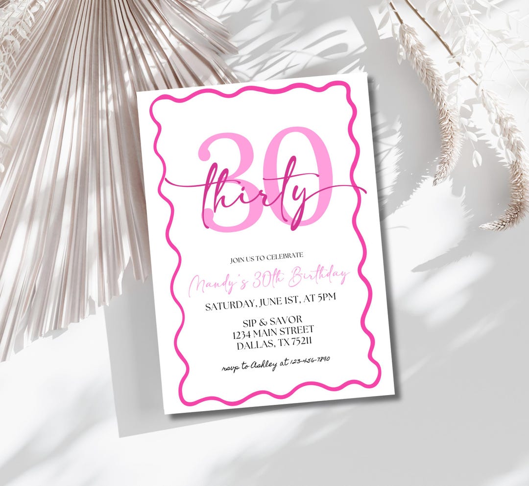 Pink Wavy Border 30th Birthday Invitation Women, Modern Scalloped 30th ...
