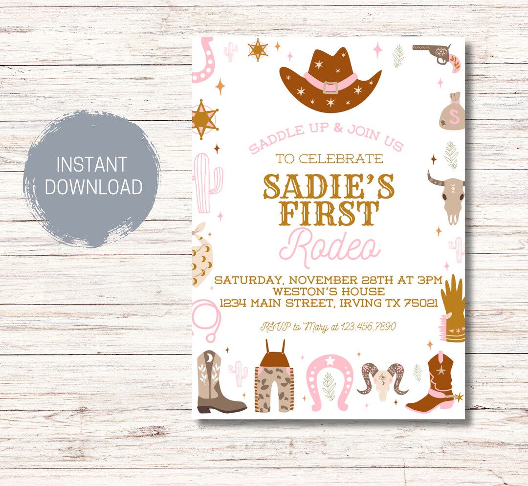Editable My First Rodeo Invitation Cowgirl Birthday Invite Wild West ...