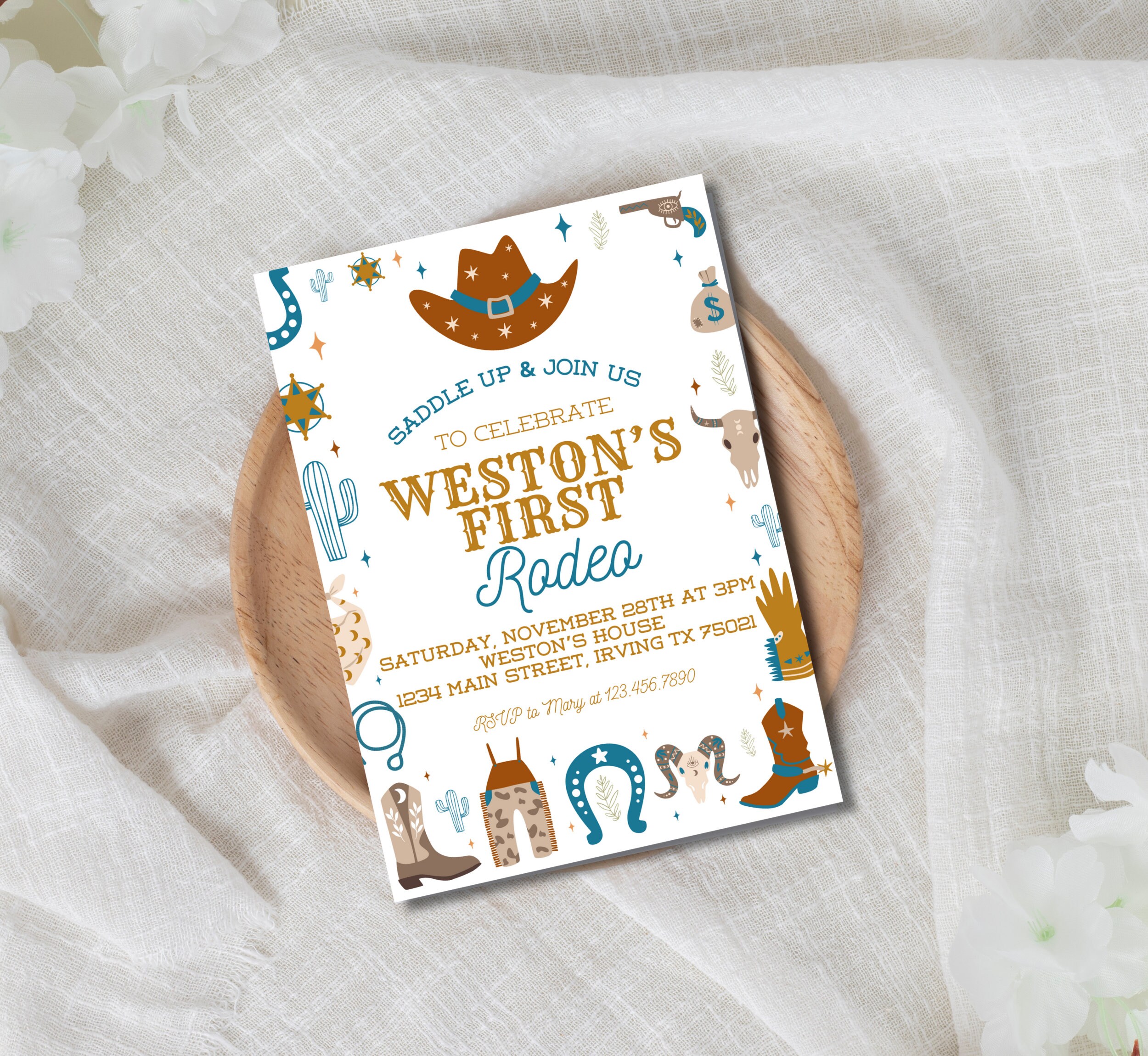 Editable My First Rodeo Invitation Cowboy Birthday Invite Wild West ...