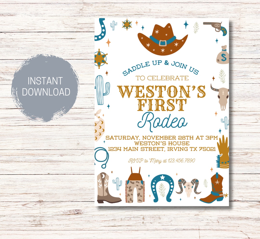 Editable My First Rodeo Invitation Cowboy Birthday Invite Wild West ...