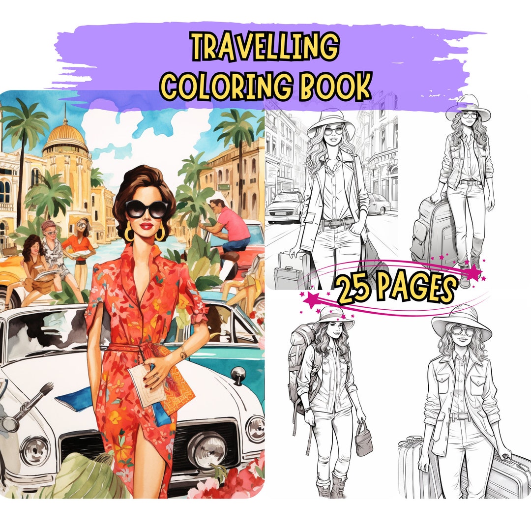 25 Travelling-themed Coloring Pages, Adult Coloring Book, Digital Print ...