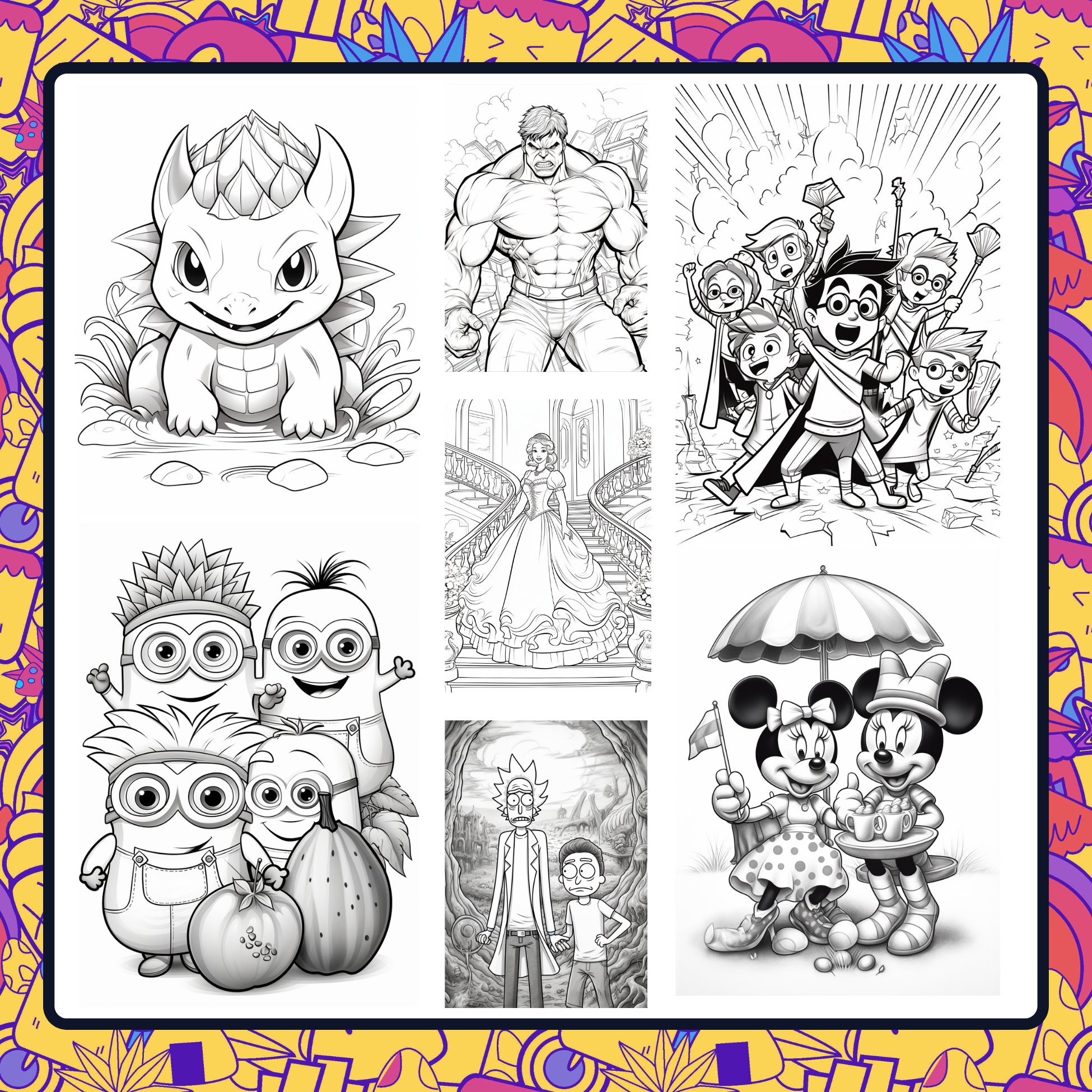 25 Cartoon Characters-themed Coloring Pages, Kids Coloring Book ...