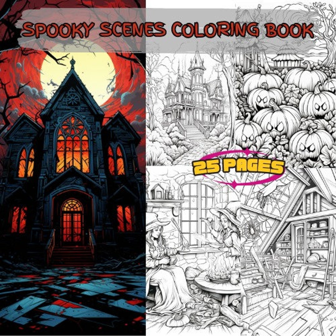 25 Spooky Scenes-themed Coloring Pages, Halloween Art, Digital Print ...