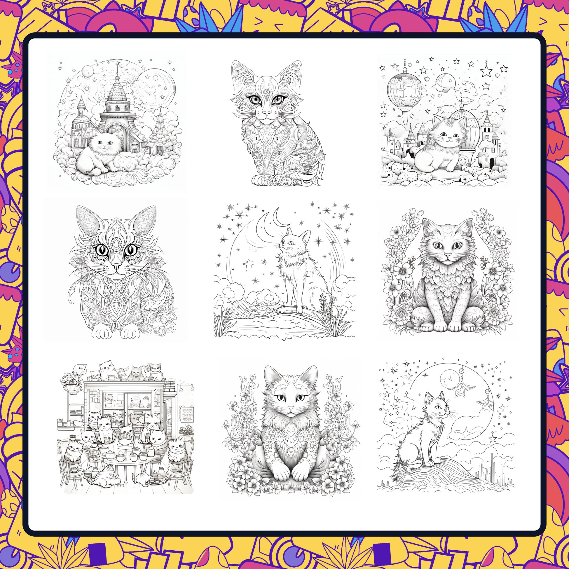 25 Cat-themed Coloring Pages, Adult Coloring Book, Digital Print ...