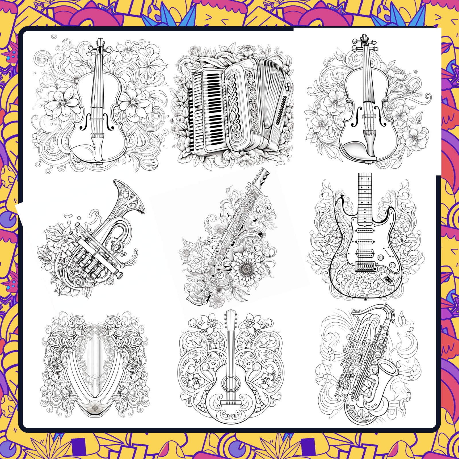 25 Mandala Music Instrument-themed Coloring Pages, Adult Coloring Book ...