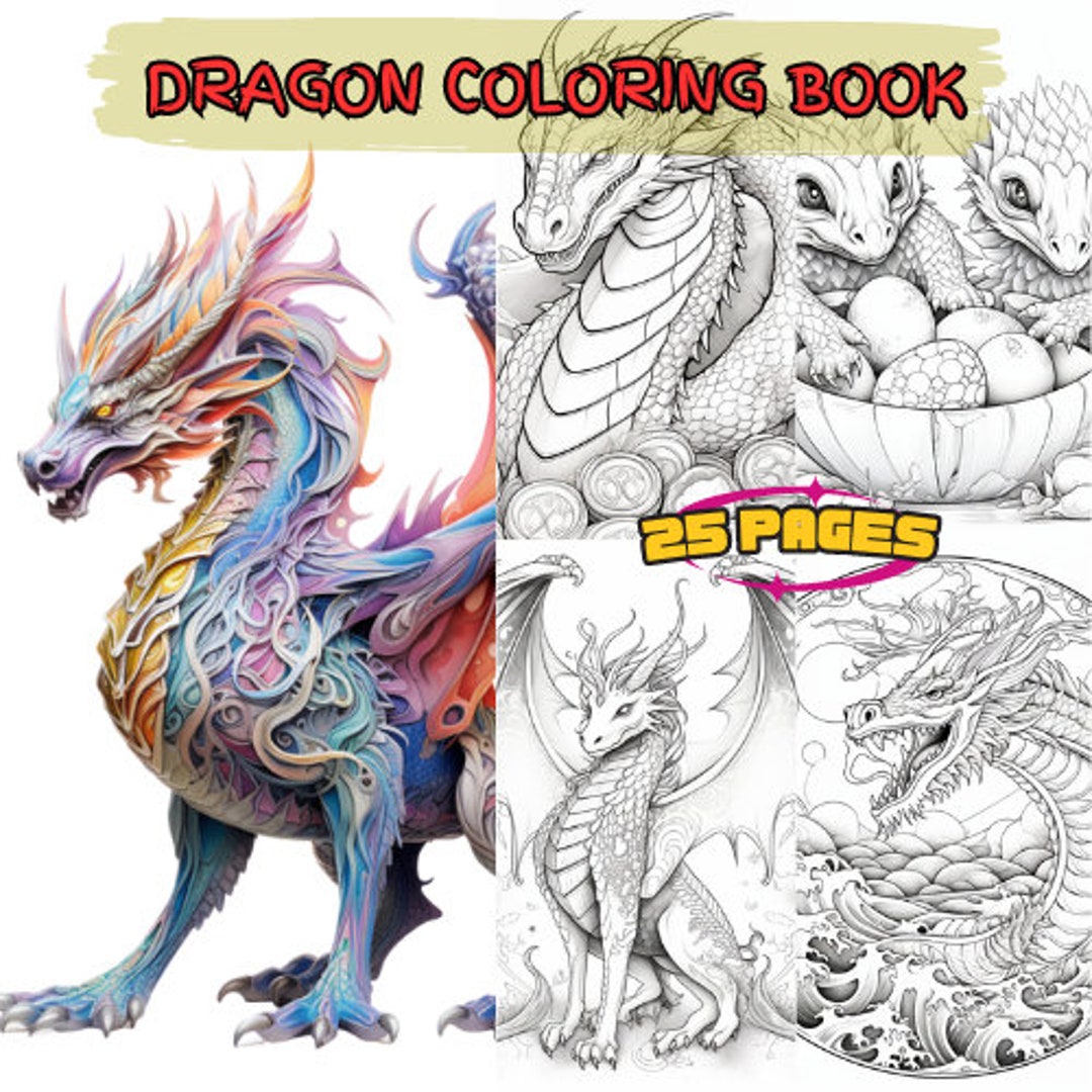 25 Dragon-themed Coloring Pages, Adult Coloring Book, Digital Print ...