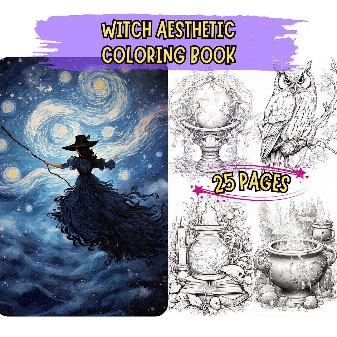 25 Witch Aesthetic-themed Coloring Pages, Adult and Kids Coloring Book ...