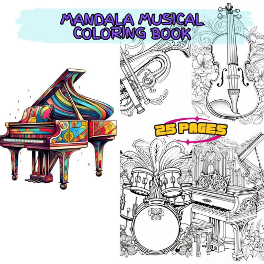 25 Mandala Music Instrument-themed Coloring Pages, Adult Coloring Book ...