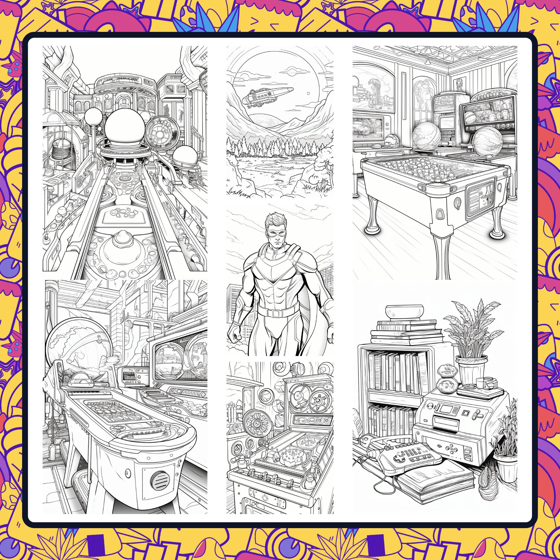 25 Retro-world themed Coloring Pages, Adult Coloring Book, Digital ...