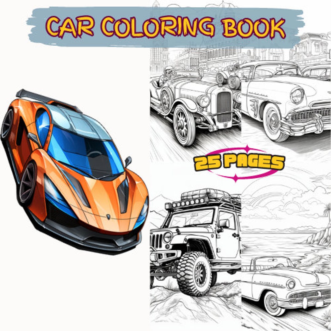 25 Car-themed Coloring Pages, Adult Coloring Book, Digital Print ...