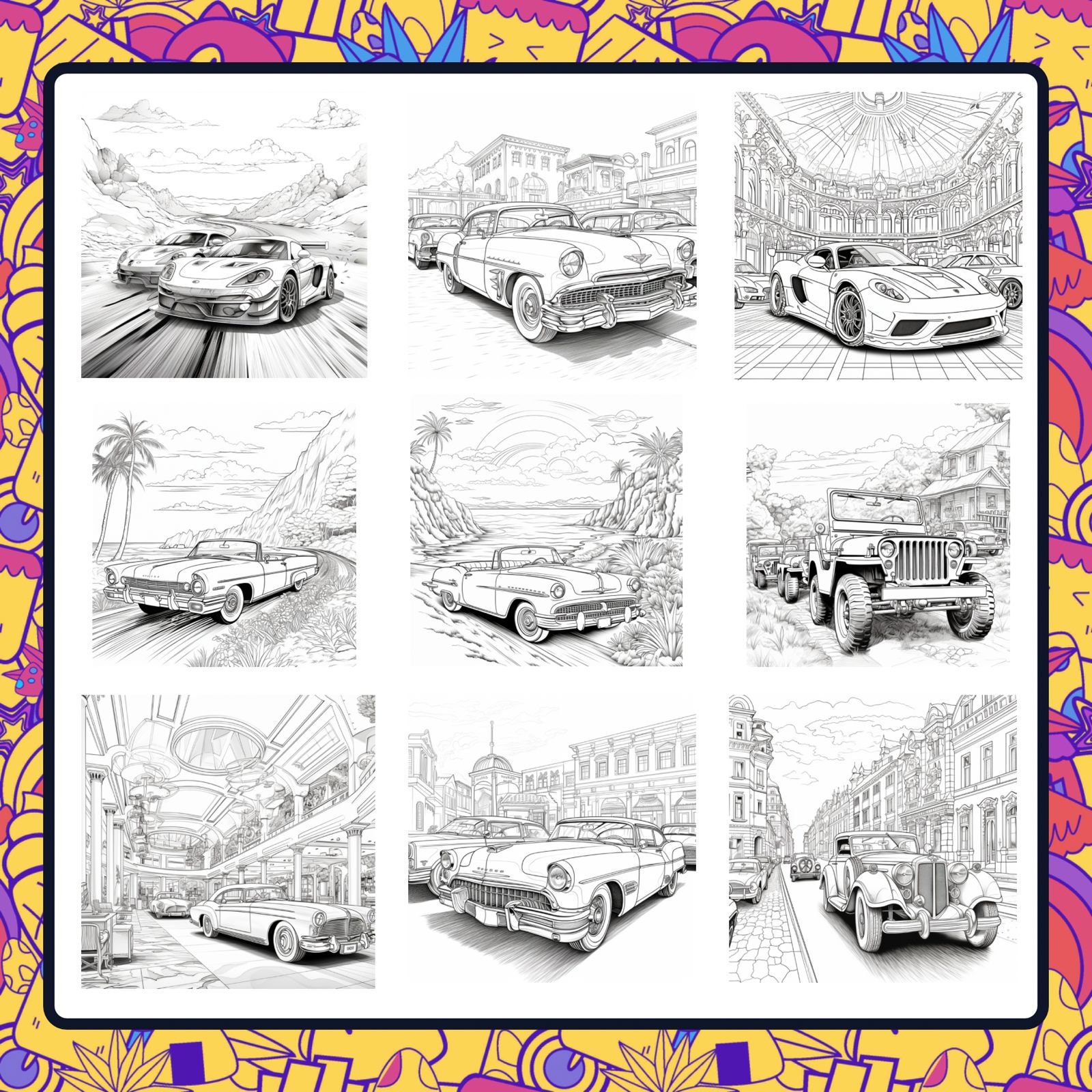 25 Car-themed Coloring Pages Adult Coloring Book Digital - Etsy