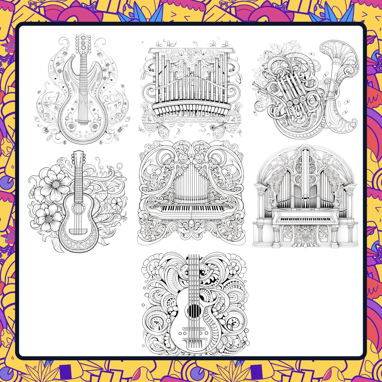 25 Mandala Music Instrument-themed Coloring Pages, Adult Coloring Book ...