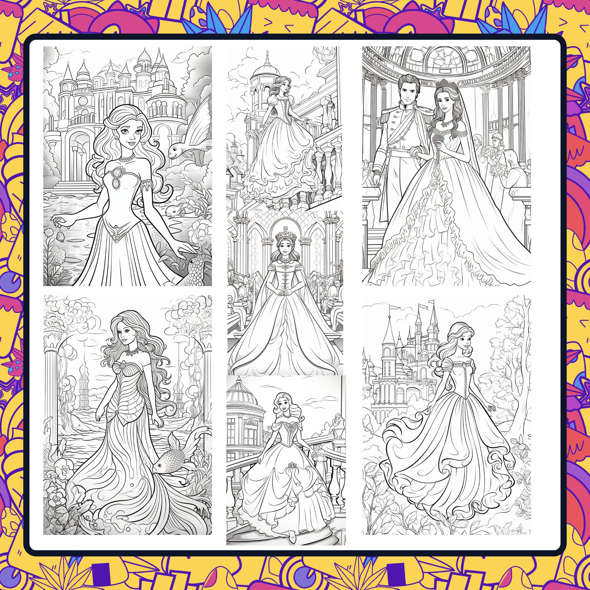 25 Princess World themed Coloring Pages Mandala Coloring - Etsy