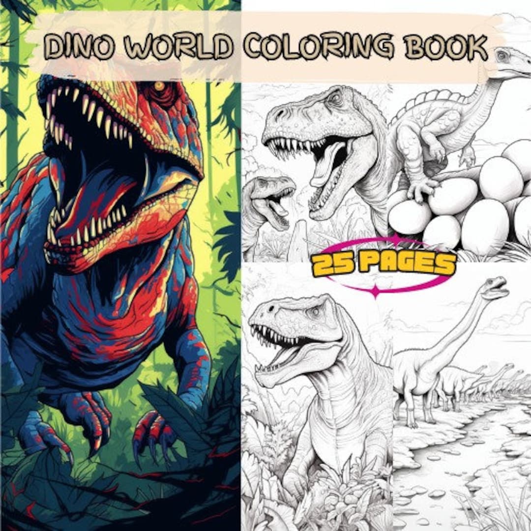 25 Dino World-themed Coloring Pages, Adult Coloring Book, Digital Print ...