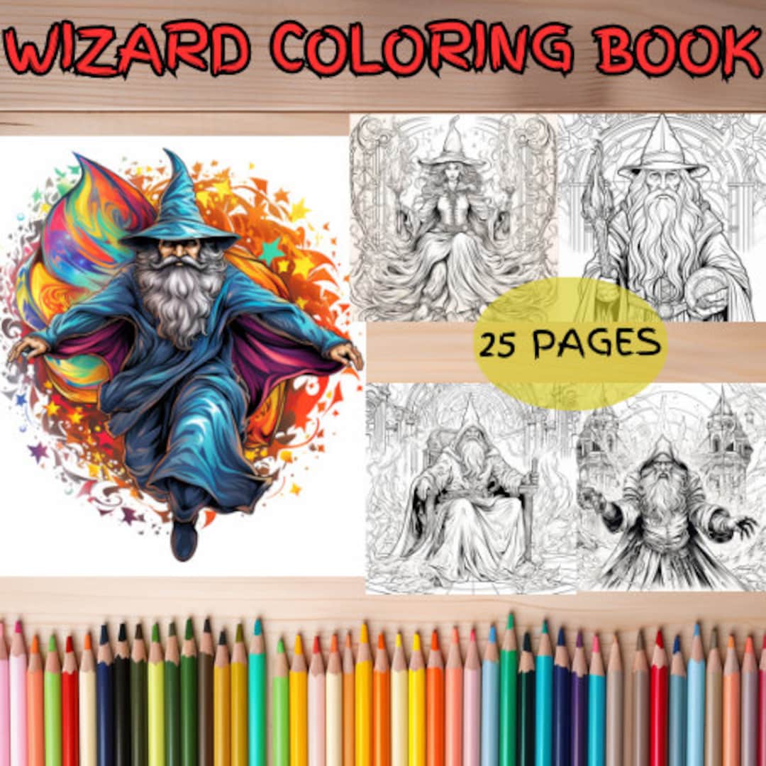 25 Wizard -themed Coloring Pages, Adult Coloring Book, Digital Print ...