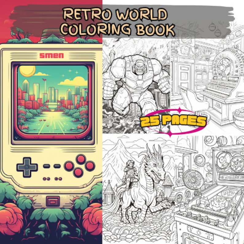 25 Retro-world themed Coloring Pages, Adult Coloring Book, Digital ...