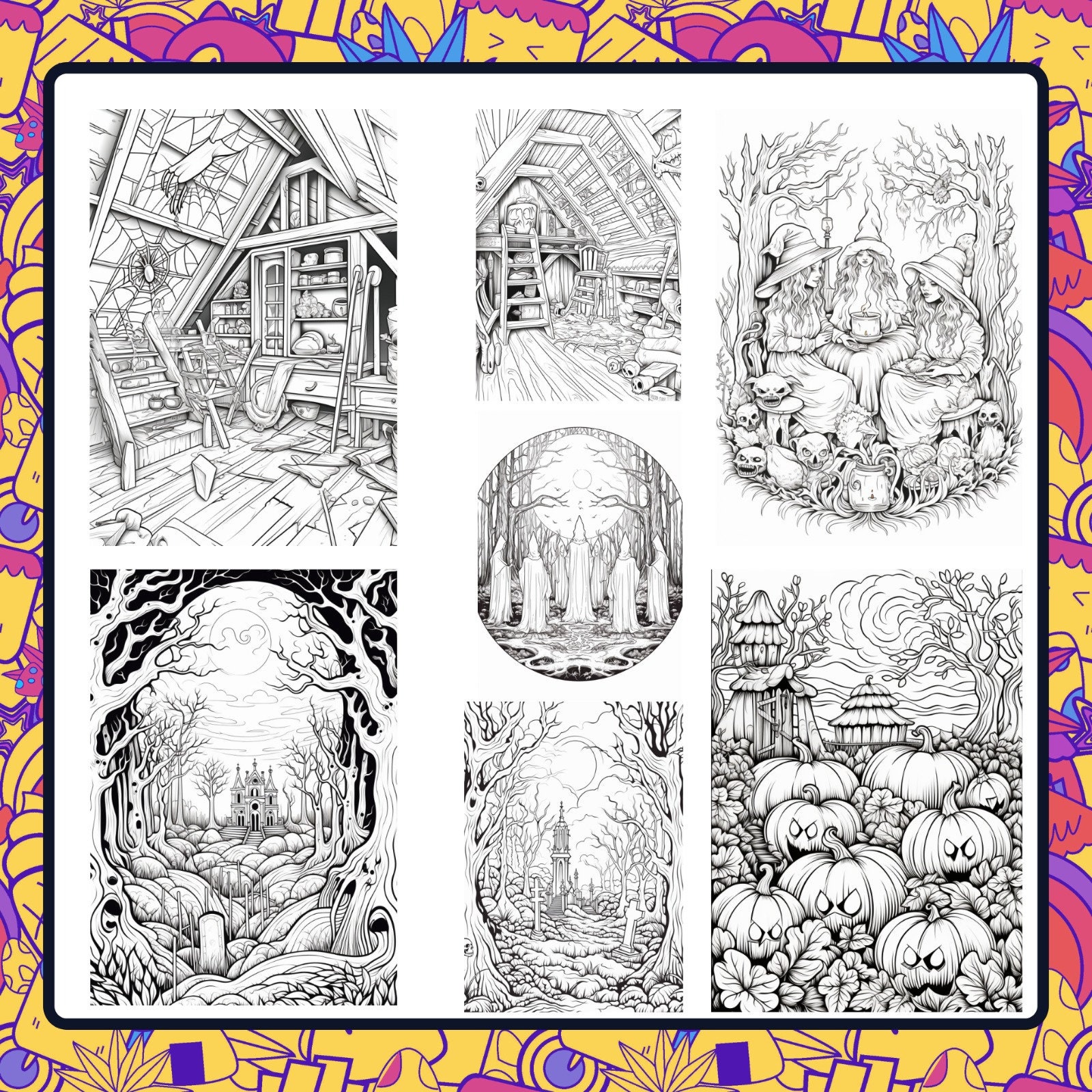 25 Spooky Scenes-themed Coloring Pages, Halloween Art, Digital Print ...