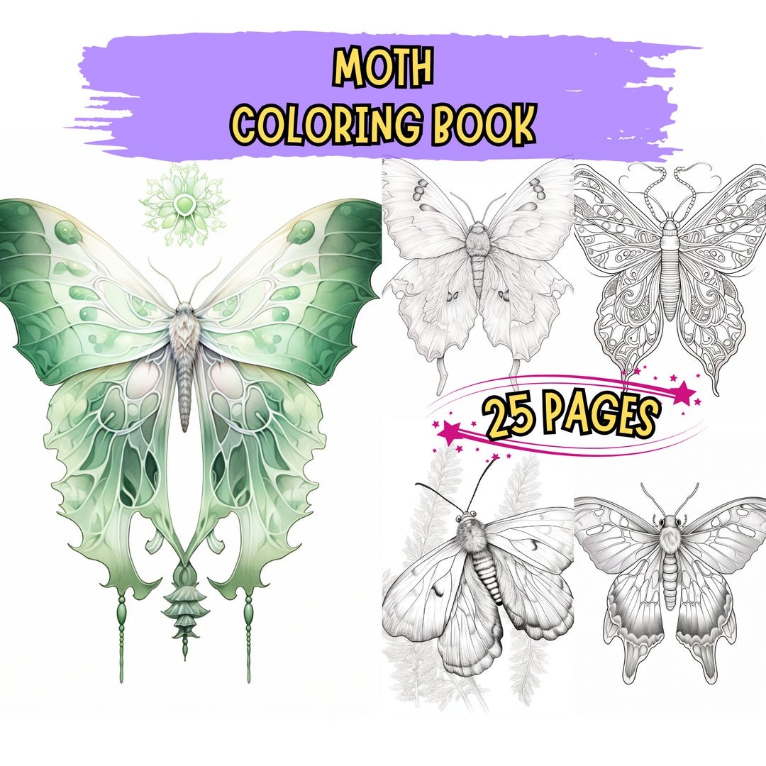 25 Moth-themed Coloring Pages, Adult Coloring Book, Grayscale Coloring ...
