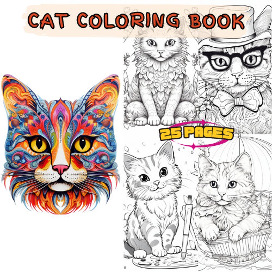 25 Cat-themed Coloring Pages, Adult Coloring Book, Digital Print ...