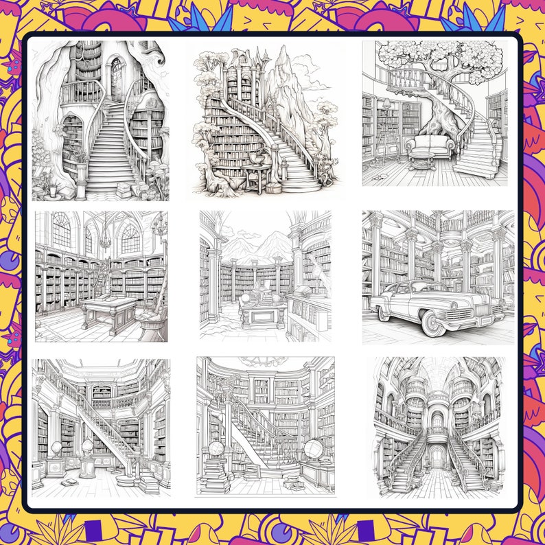 25 Enchanted Library themed Coloring Pages, Adult Coloring Book ...