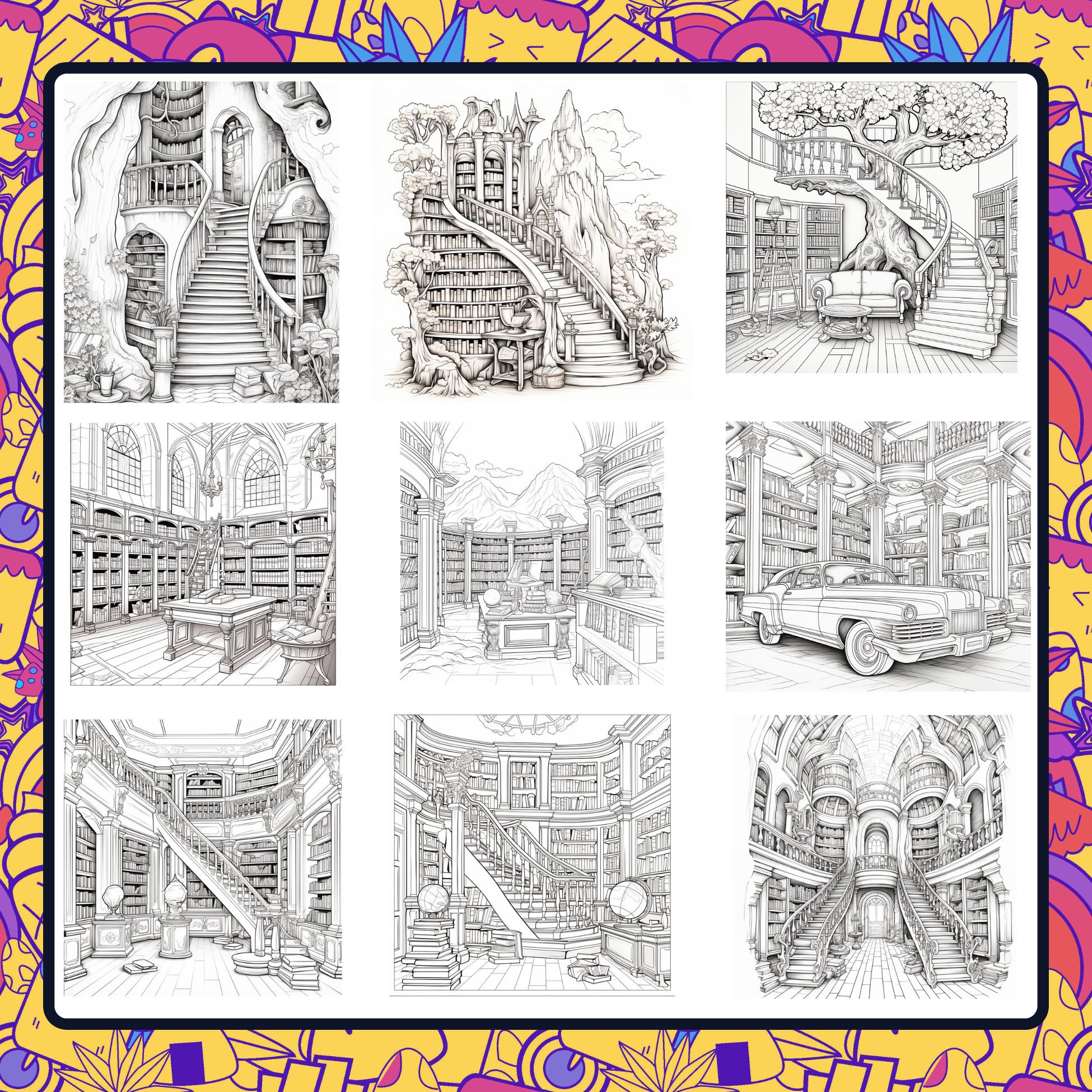 25 Enchanted Library themed Coloring Pages, Adult Coloring Book ...