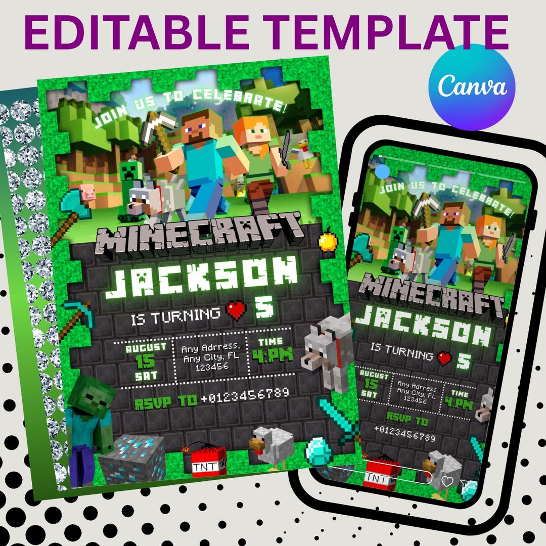 Editable Minecraft Birthday Invitation, Minecrafter Birthday ...