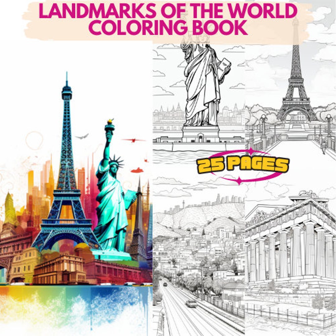 25 Landmarks of the World-themed Coloring Pages, Adult Coloring Book ...