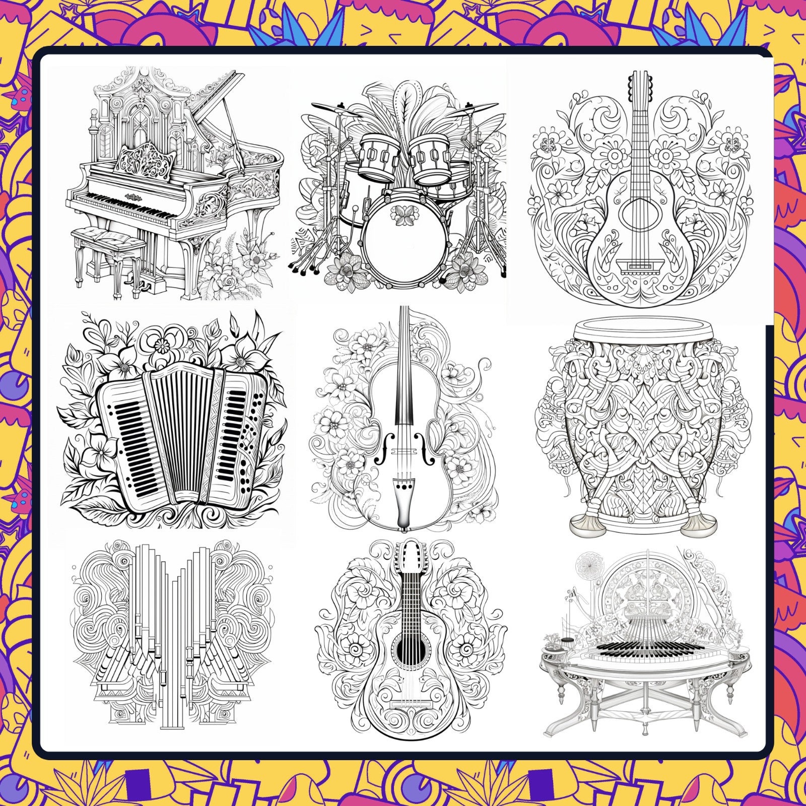25 Mandala Music Instrument-themed Coloring Pages, Adult Coloring Book ...