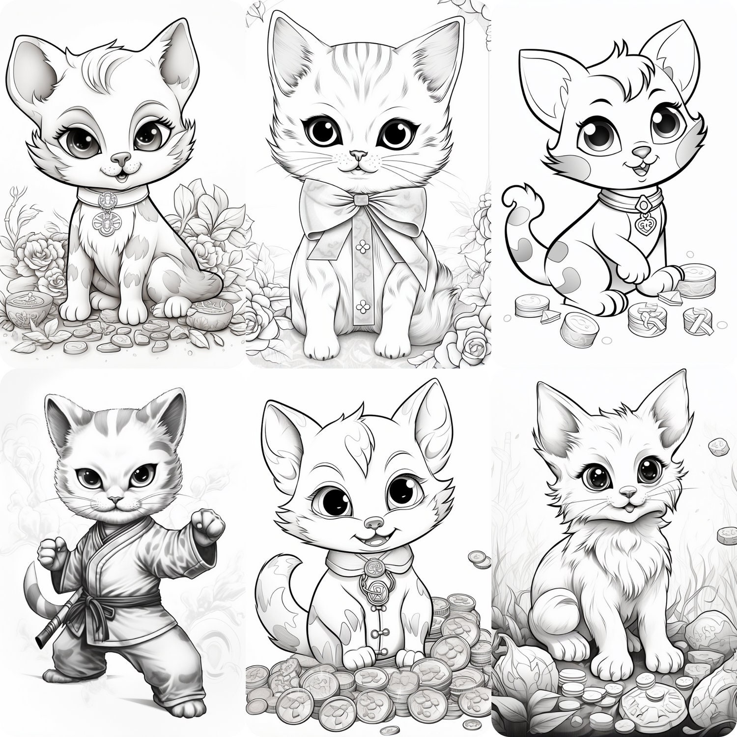 25 Tiny Cats-themed Coloring Pages, Adult and Kids Coloring Book ...