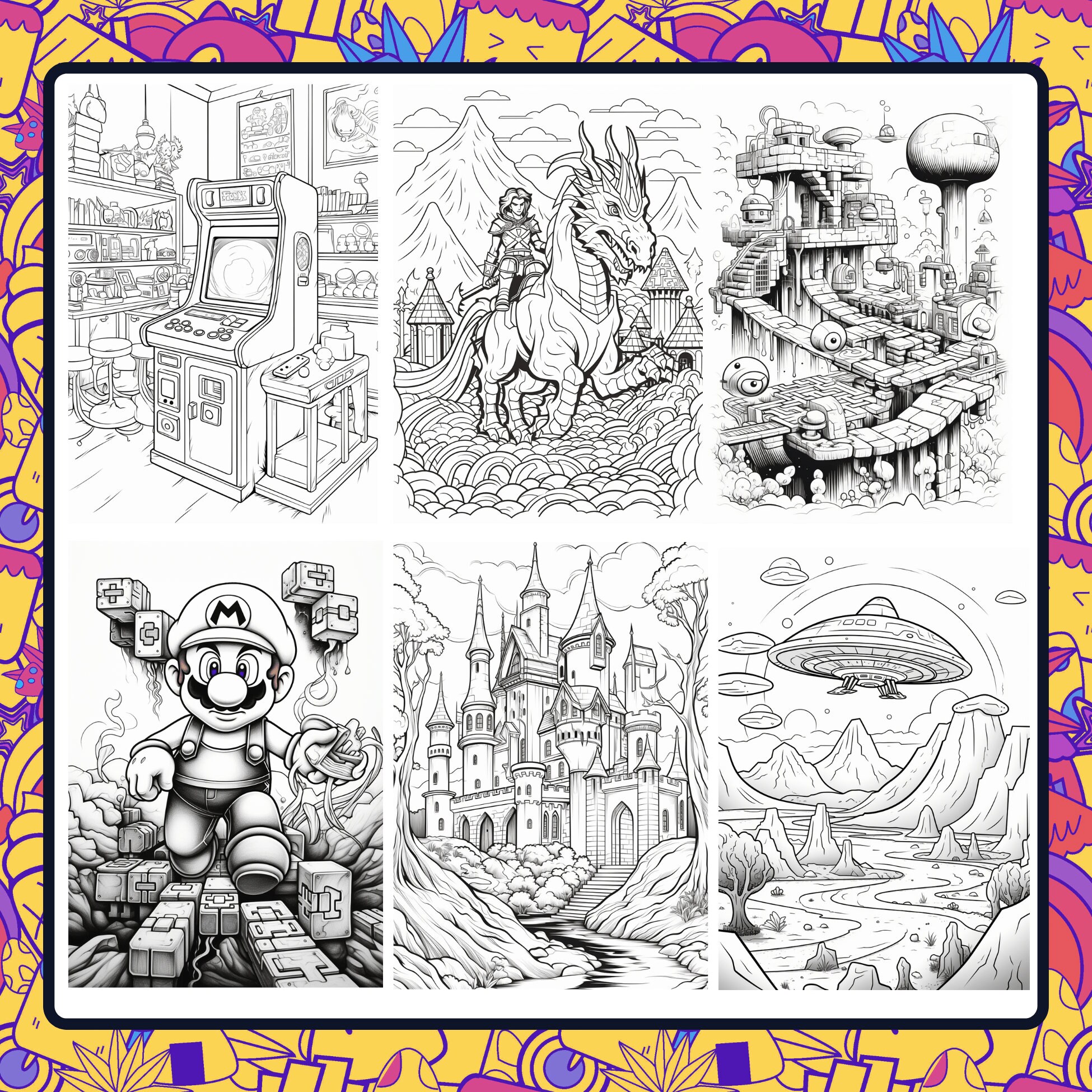 25 Retro-world themed Coloring Pages, Adult Coloring Book, Digital ...