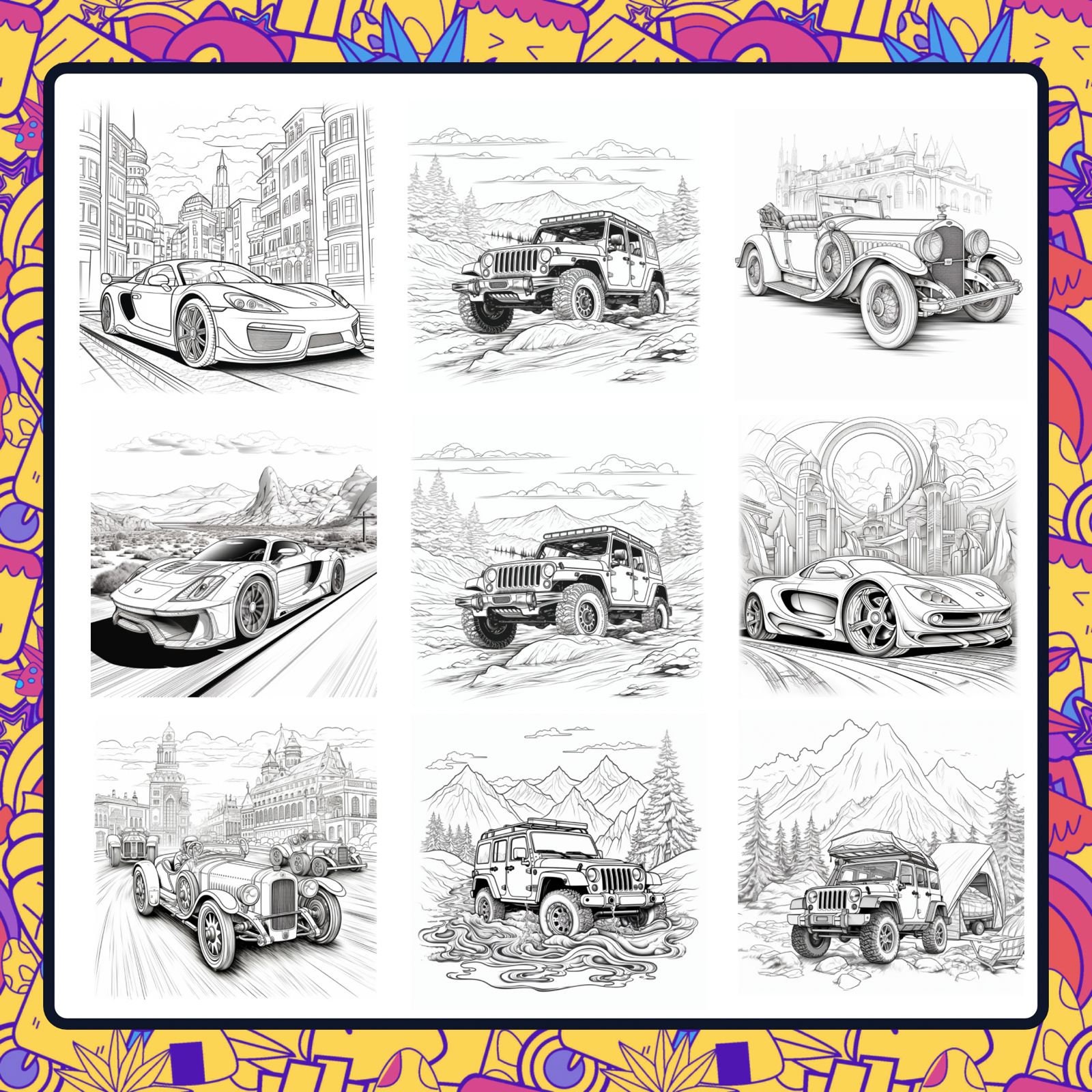 25 Car-themed Coloring Pages Adult Coloring Book Digital - Etsy