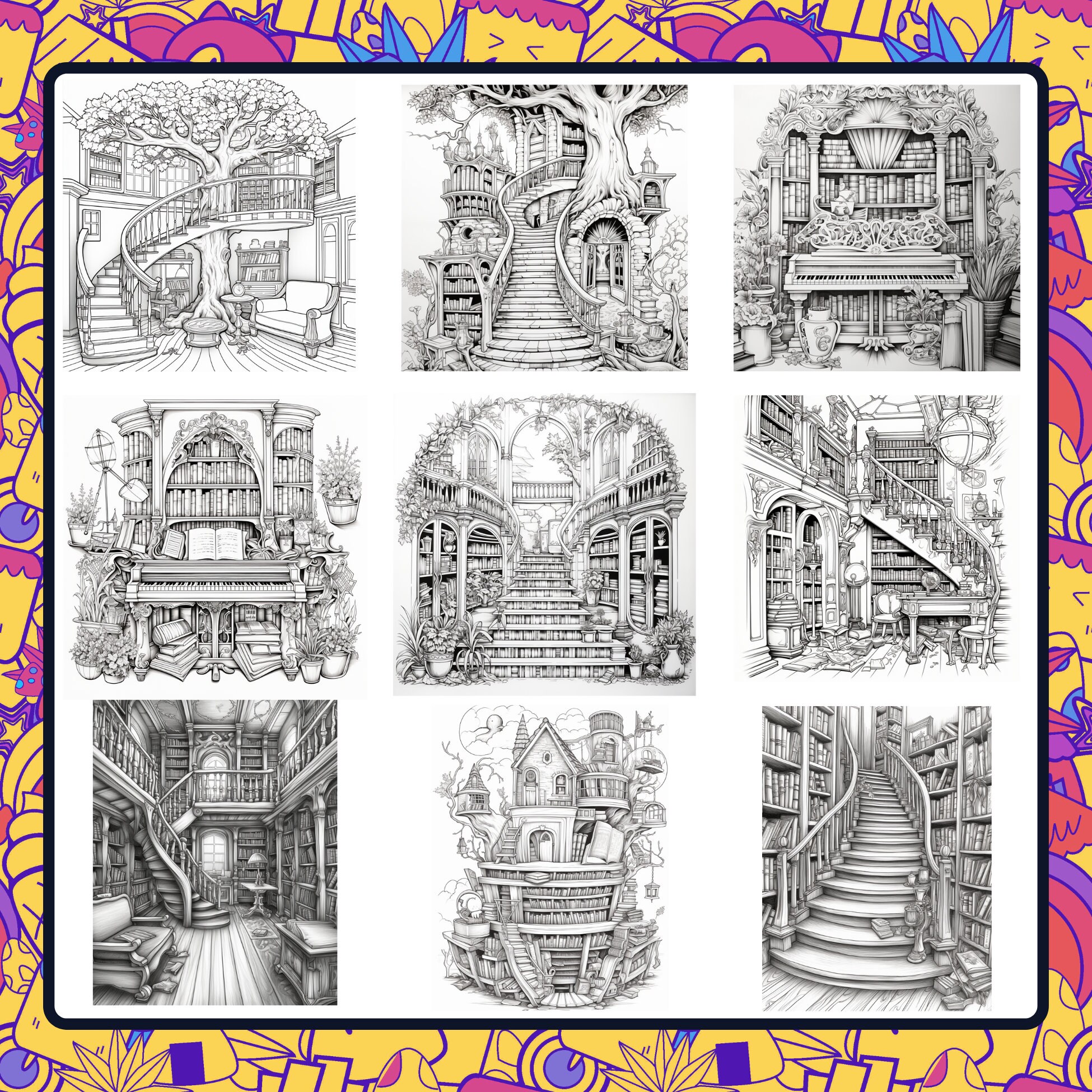 25 Enchanted Library themed Coloring Pages, Adult Coloring Book ...