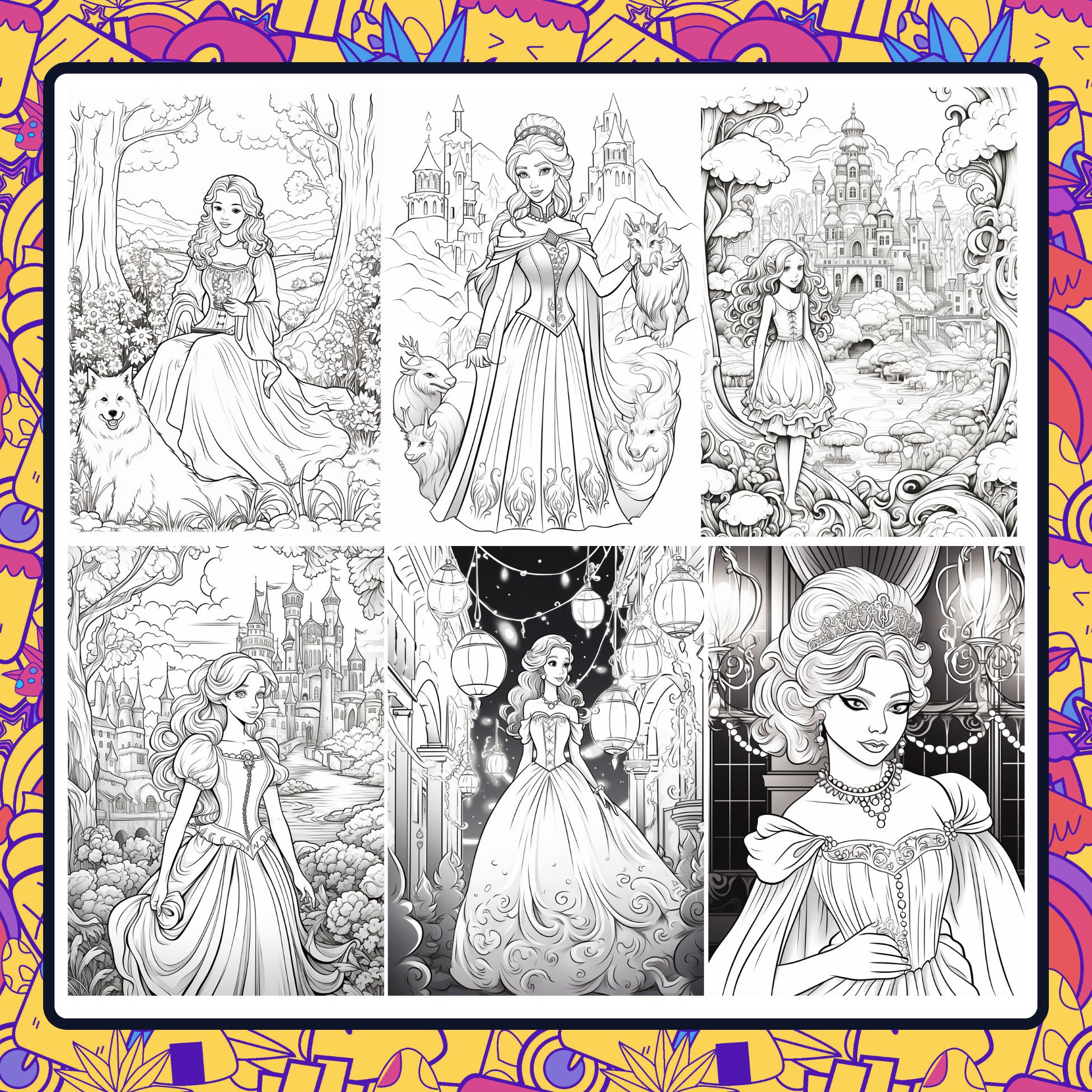 25 Princess World themed Coloring Pages Mandala Coloring - Etsy