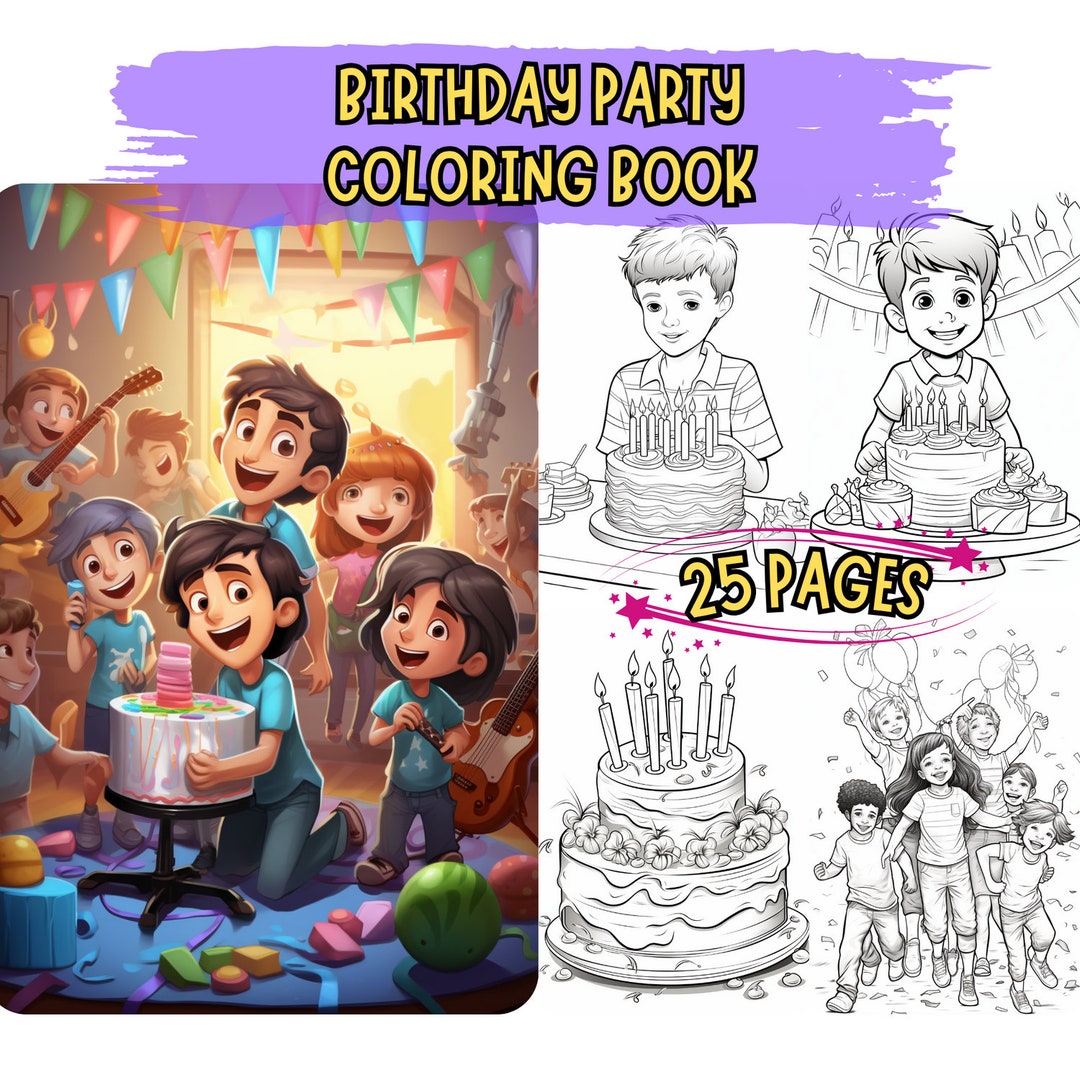 25 Birthday Party-themed Coloring Pages, Adult and Kids Coloring Book ...