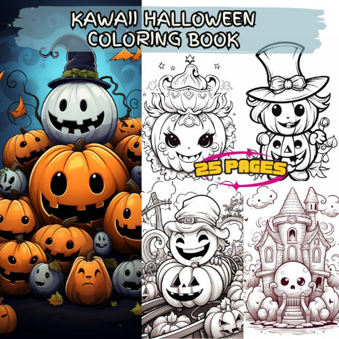 25 Kawaii Halloween-themed Coloring Pages, Adult+kids Coloring Book ...