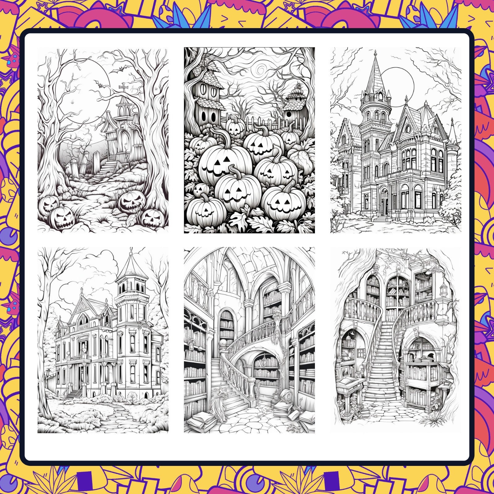 25 Spooky Scenes-themed Coloring Pages, Halloween Art, Digital Print ...