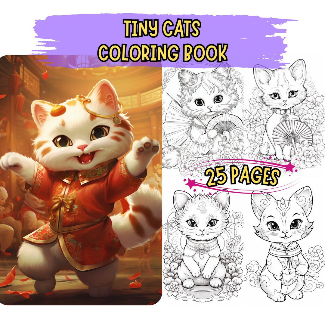 25 Tiny Cats-themed Coloring Pages, Adult and Kids Coloring Book ...