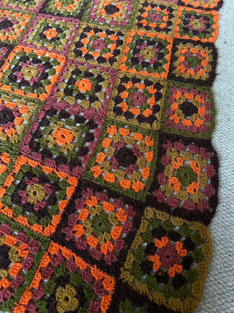 Vintage 1960s Norwegian Granny Square Blanket / Coverlet, Hand ...
